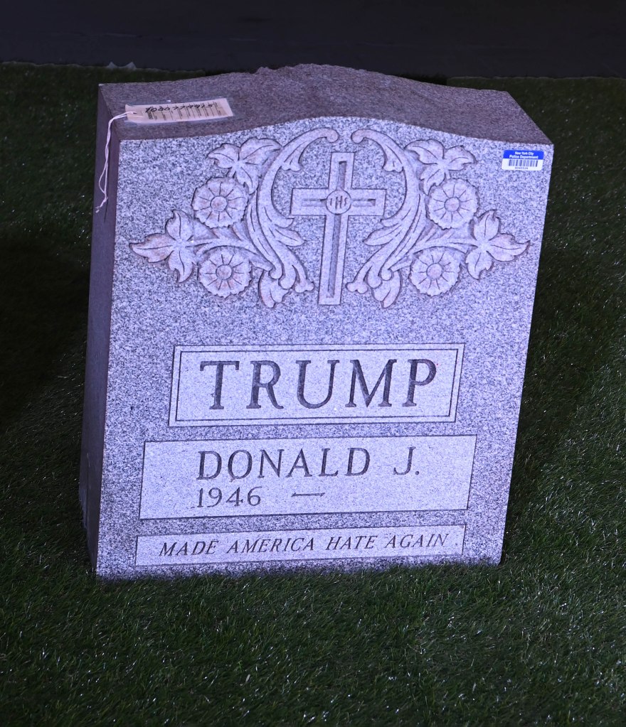 Trump tombstone art project on display in NYC following assassination ...